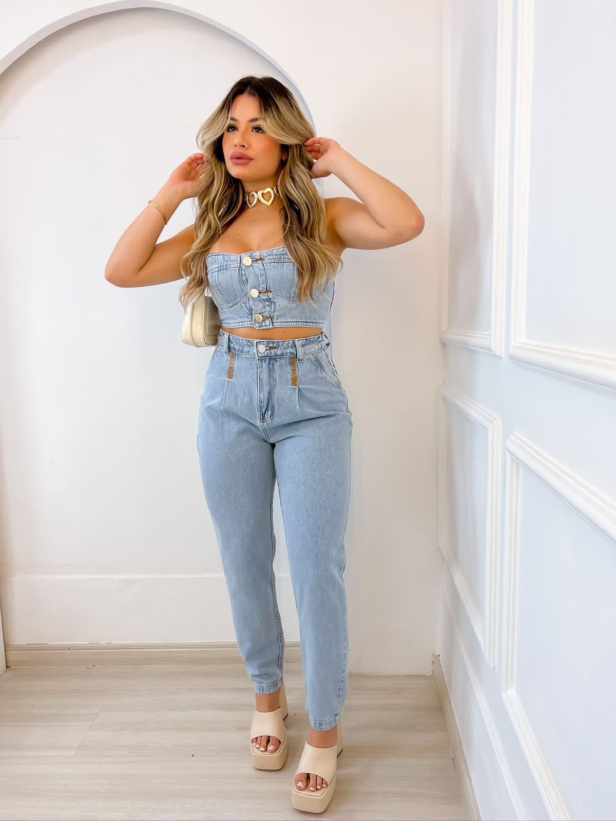 Conjunto Jeans Cropped Tomara que Caia + Calça